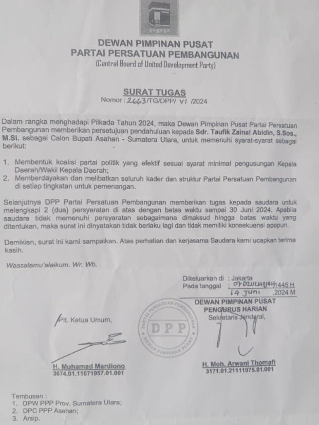 Dpp PPP Beri Surat Tugas Kepada Taufik Zainal Abidin Siregar Calon Bupati Asahan 2025-2030 ...